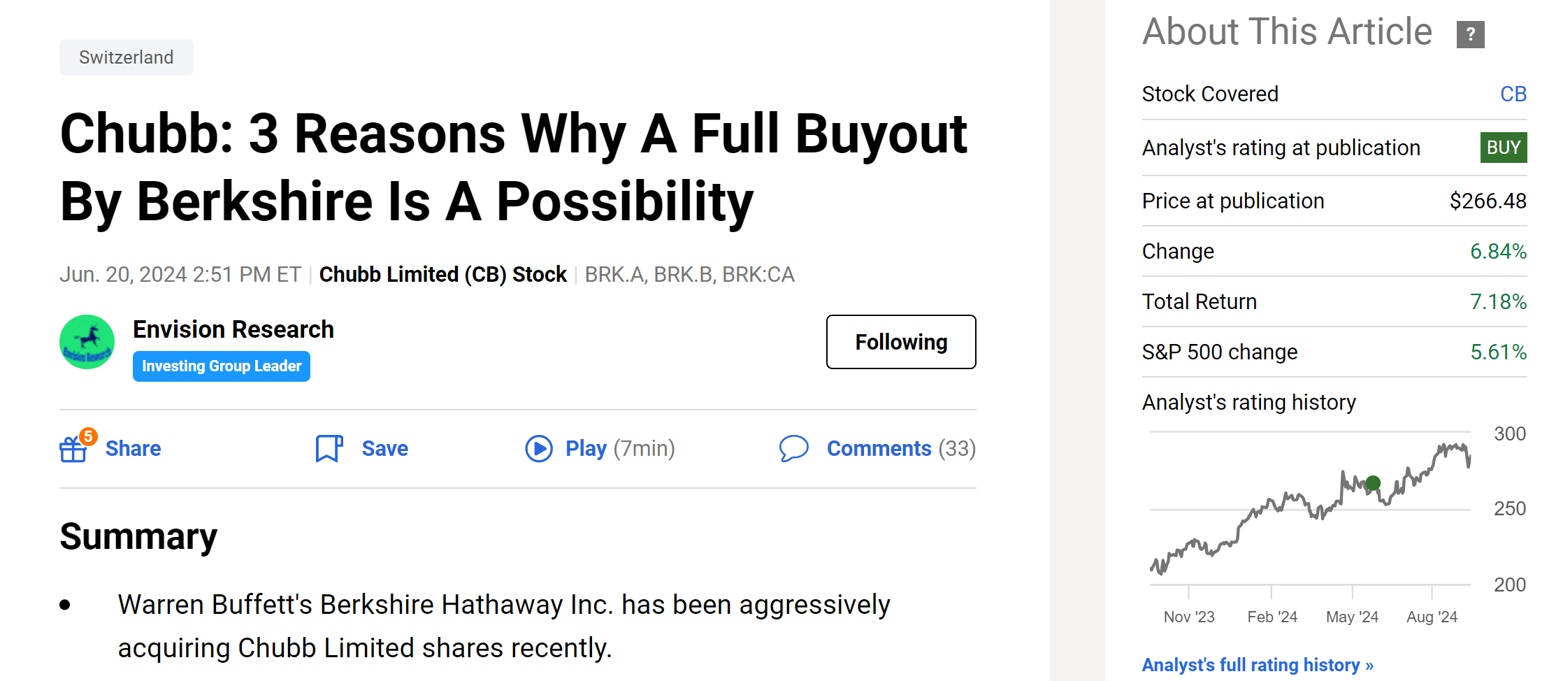 Chubb Stock: 1 More Reason For Potential Buyout By Berkshire (NYSE:CB ...