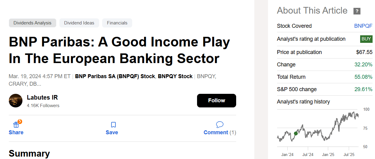 Is BNP Paribas Still A Good Income Option Ahead Of Q3 2025 Earnings? (OTCMKTS:BNPQY) | Seeking Alpha