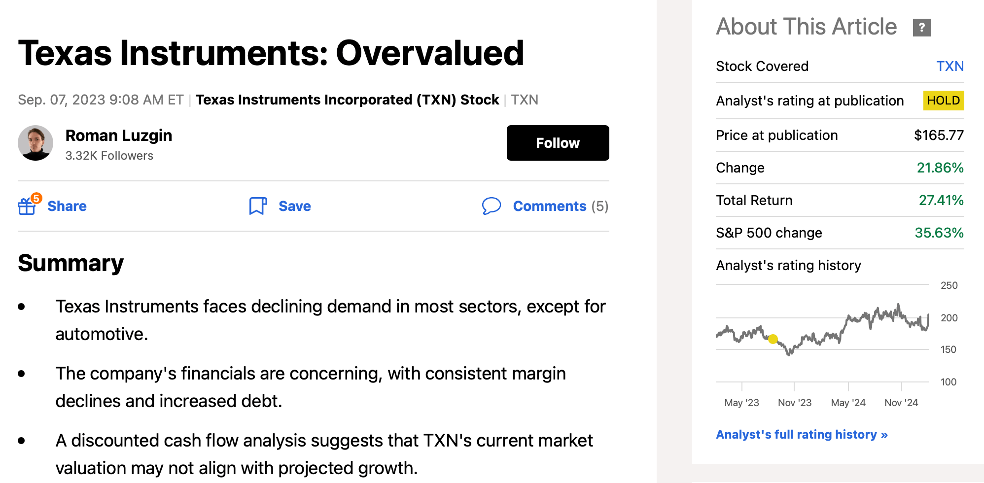 Texas Instruments Stock: The Bottom Might Be Close (NASDAQ:TXN) | Seeking Alpha