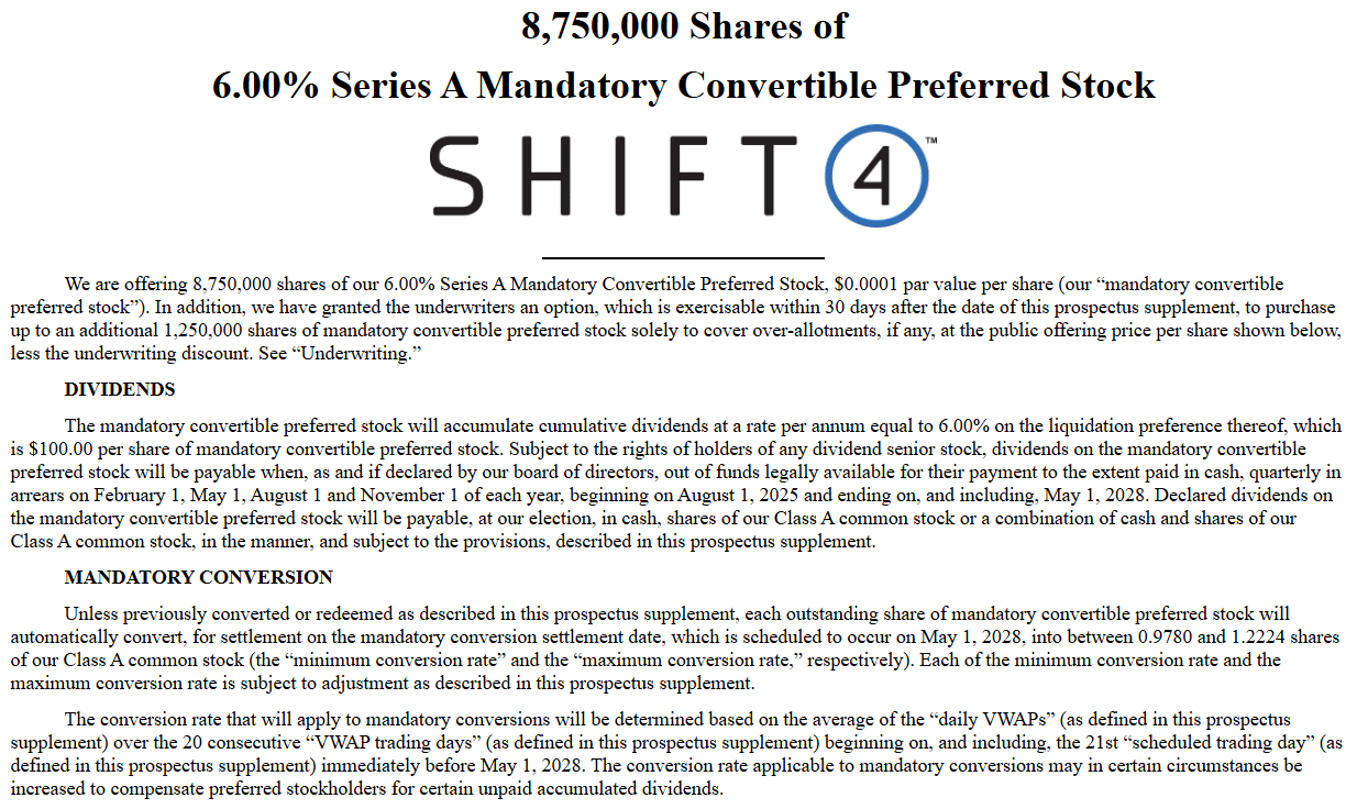 FOUR.PR.A: Shift4 Payments' 6.00% Mandatory Convertible Preferred Stock ...