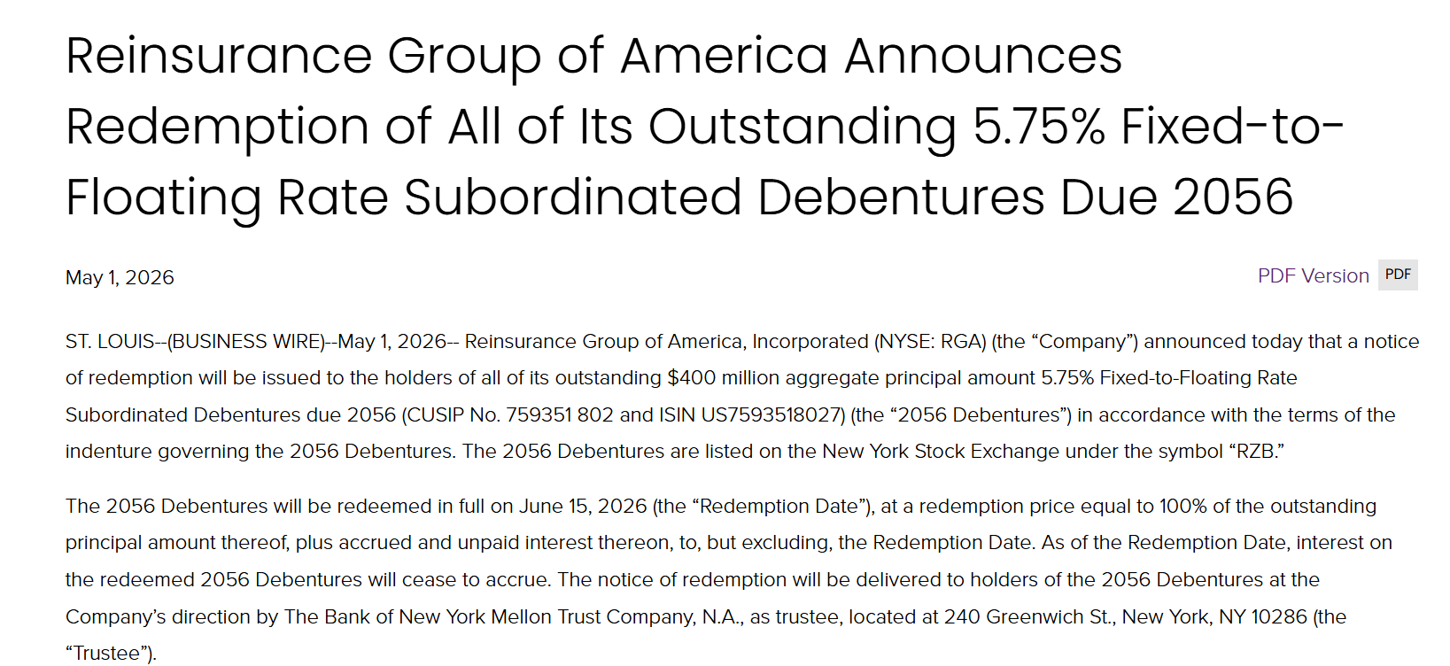 Reinsurance Group of America Stock: Financial Instruments After RZB ...