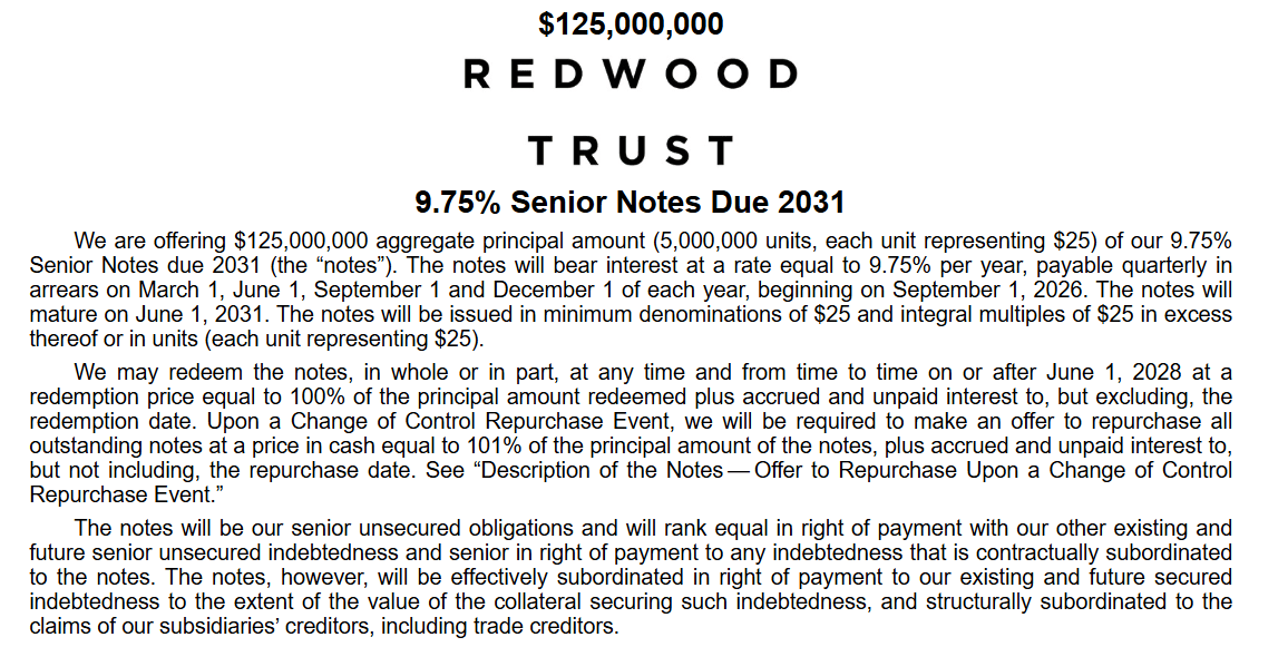 RWTS: A 9.75% Senior Note IPO From Redwood Trust | Seeking Alpha