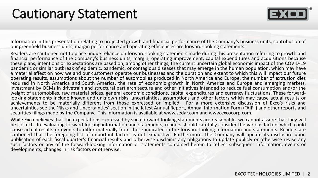 Exco Technologies Limited 2020 Q3 - Results - Earnings Call ...