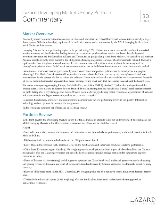 Lazard Developing Markets Equity Portfolio Q3 2024 Commentary (Mutual ...