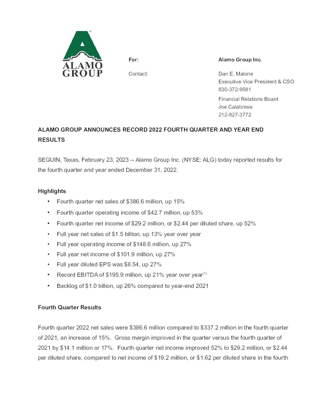 Alamo Group Inc. 2022 Q4 - Results - Earnings Call Presentation (NYSE ...