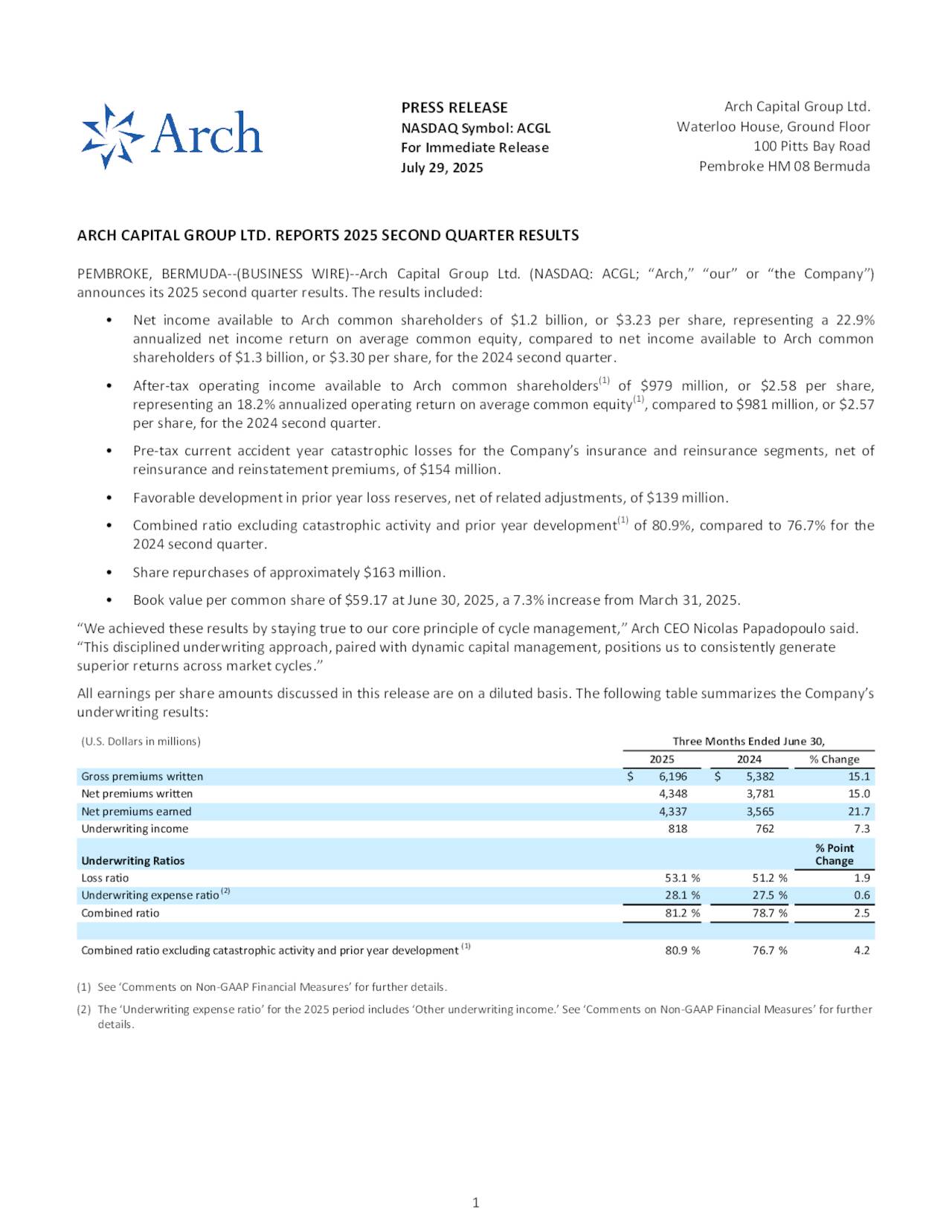 Arch Capital Group Ltd. 2025 Q2 - Results - Earnings Call Presentation ...