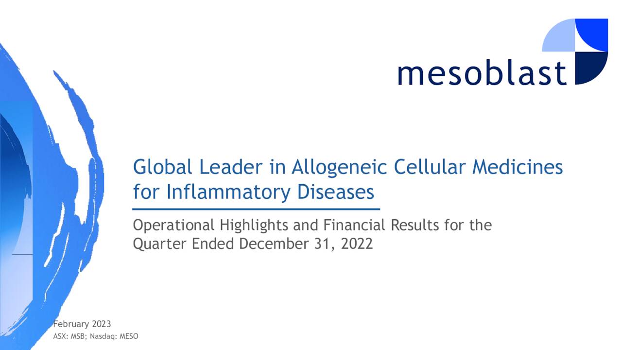 Mesoblast Limited 2023 Q2 - Results - Earnings Call Presentation (NASDAQ:MESO) | Seeking Alpha