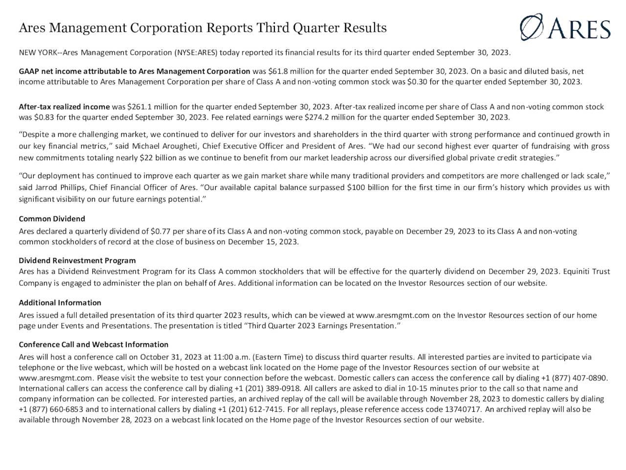 Ares Management Corporation 2023 Q3 - Results - Earnings Call ...