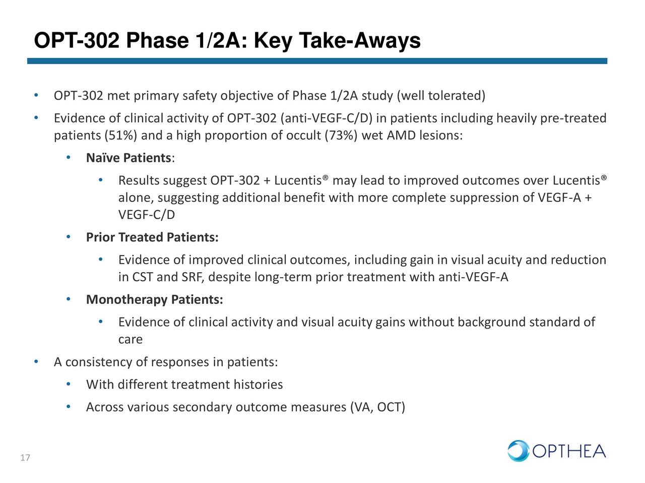 Opthea Limited ADR (CKDXY) OPT-302: Phase 1/2A wet AMD Trial Update ...