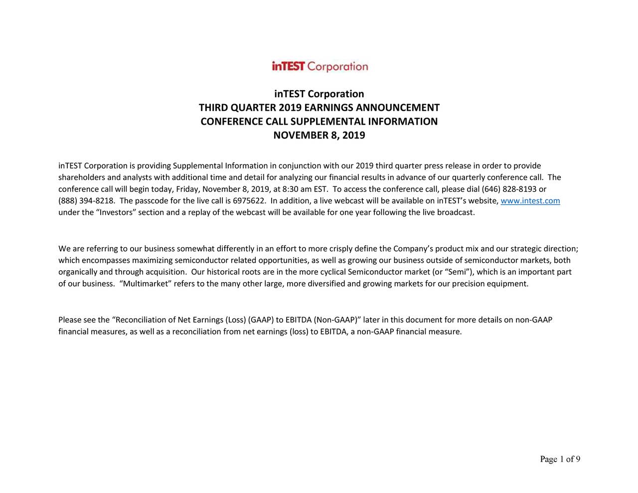 inTEST Corporation 2019 Q3 - Results - Earnings Call Presentation (NYSE ...