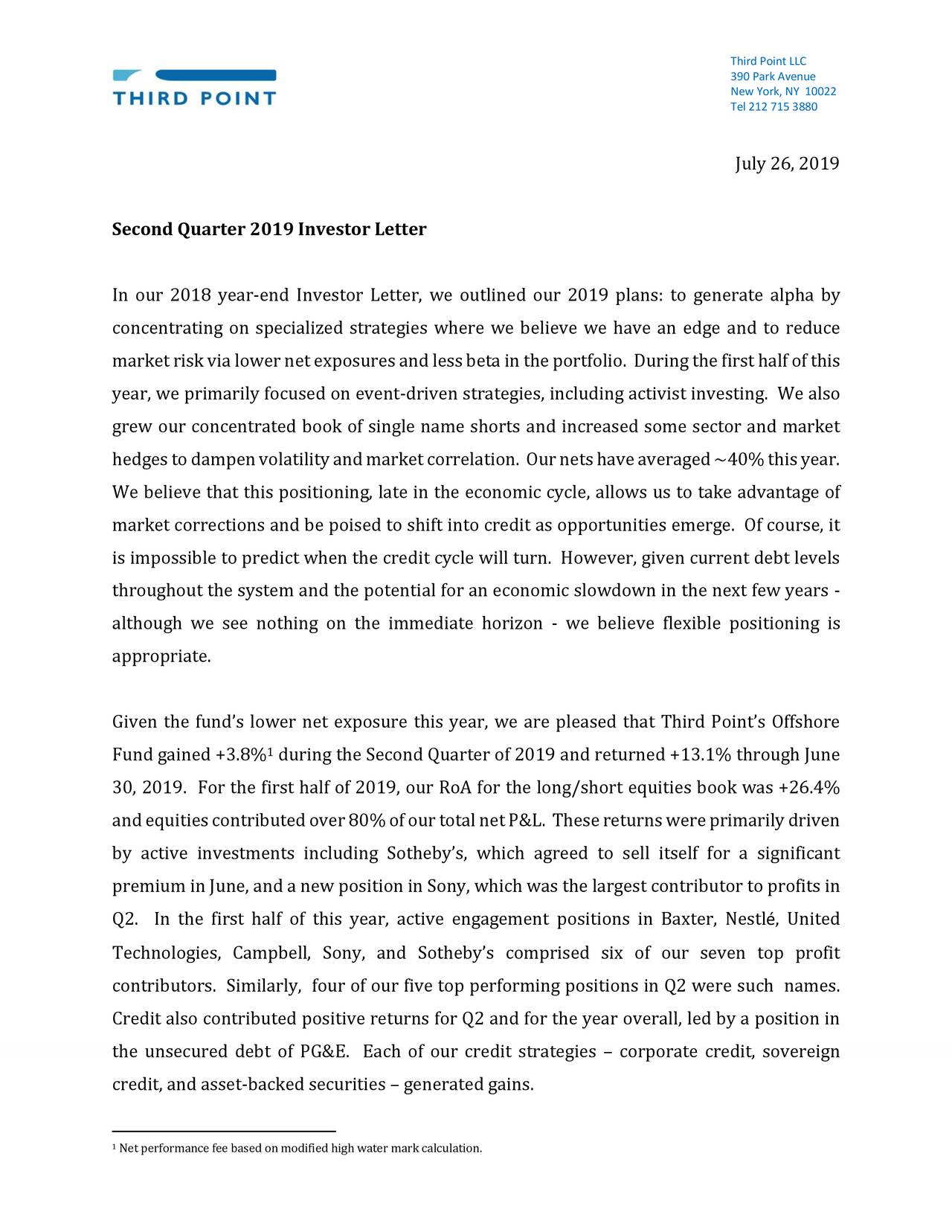 Third Point Q2 2019 Investor Letter (OTCMKTS:TPNTF) | Seeking Alpha